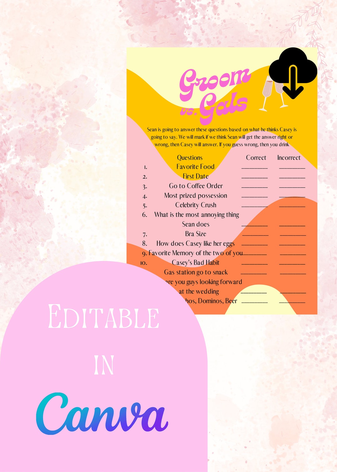 Groom Vs Gals Game, Bachelorette Game, Groovy Game, Shower Game, Ask ...