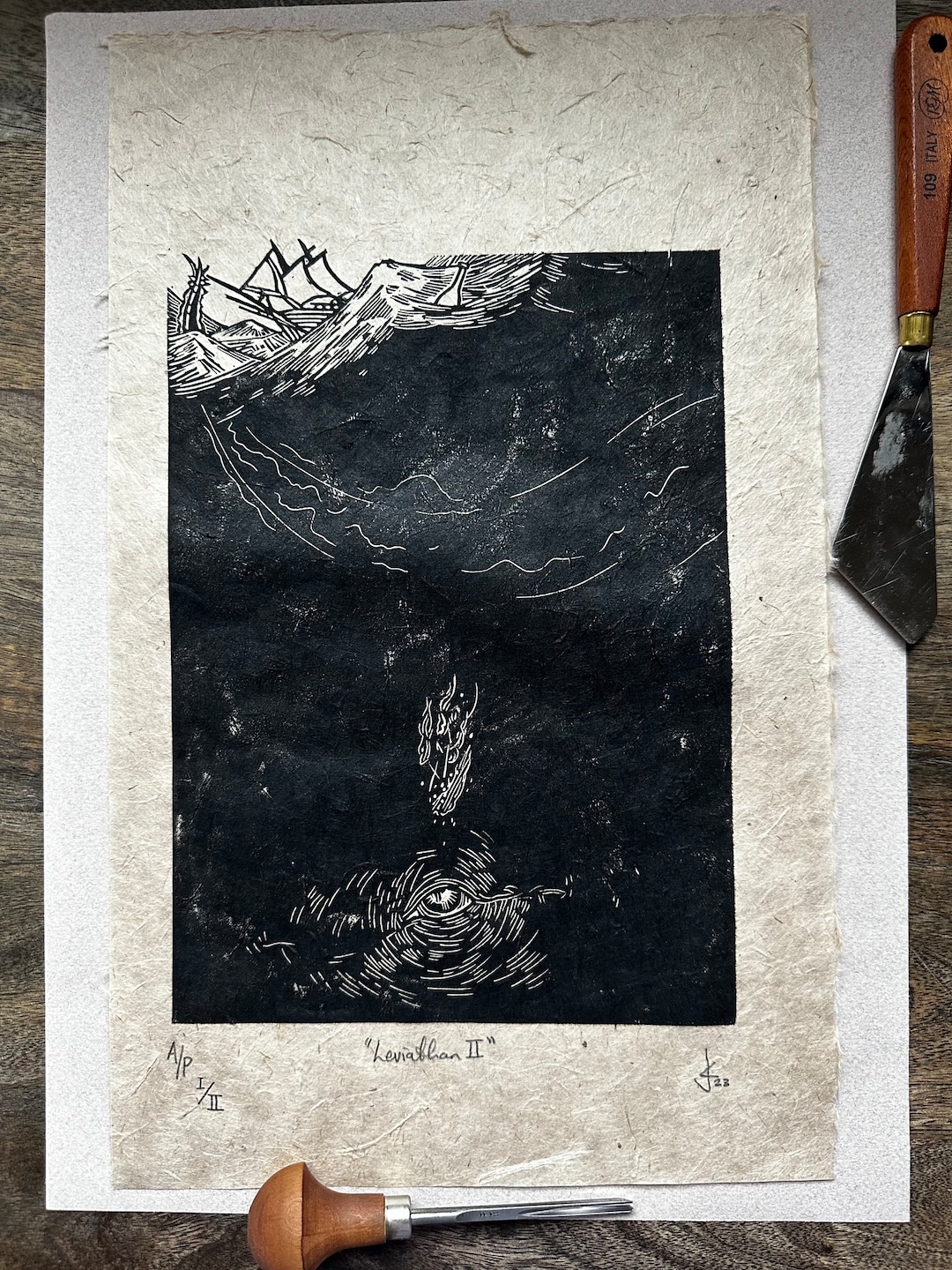 Leviathan II Serpent Myth Handmade Lino Relief Print Artist Proof ...