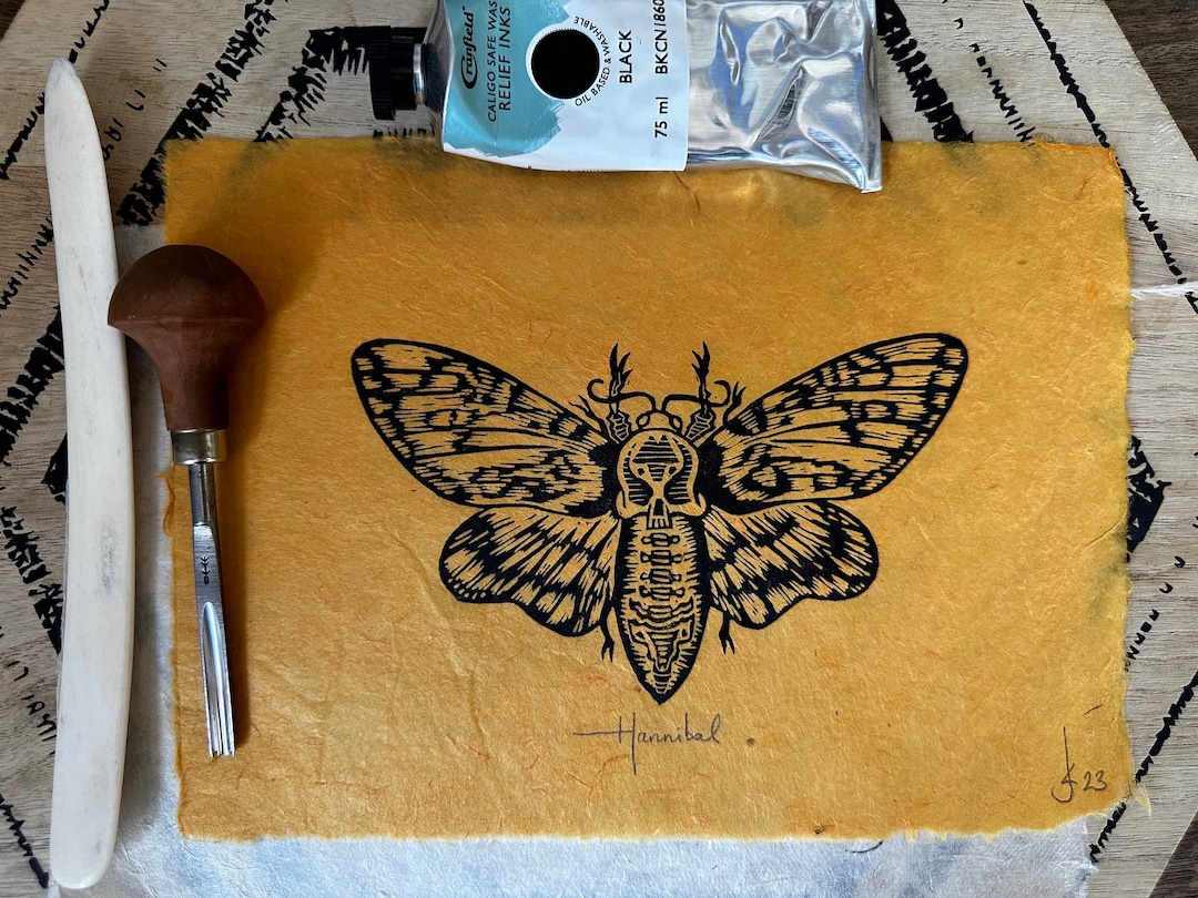 Death's-head Hawk Moth "hannibal" Hand Drawn Hand Carved Hand Printed ...
