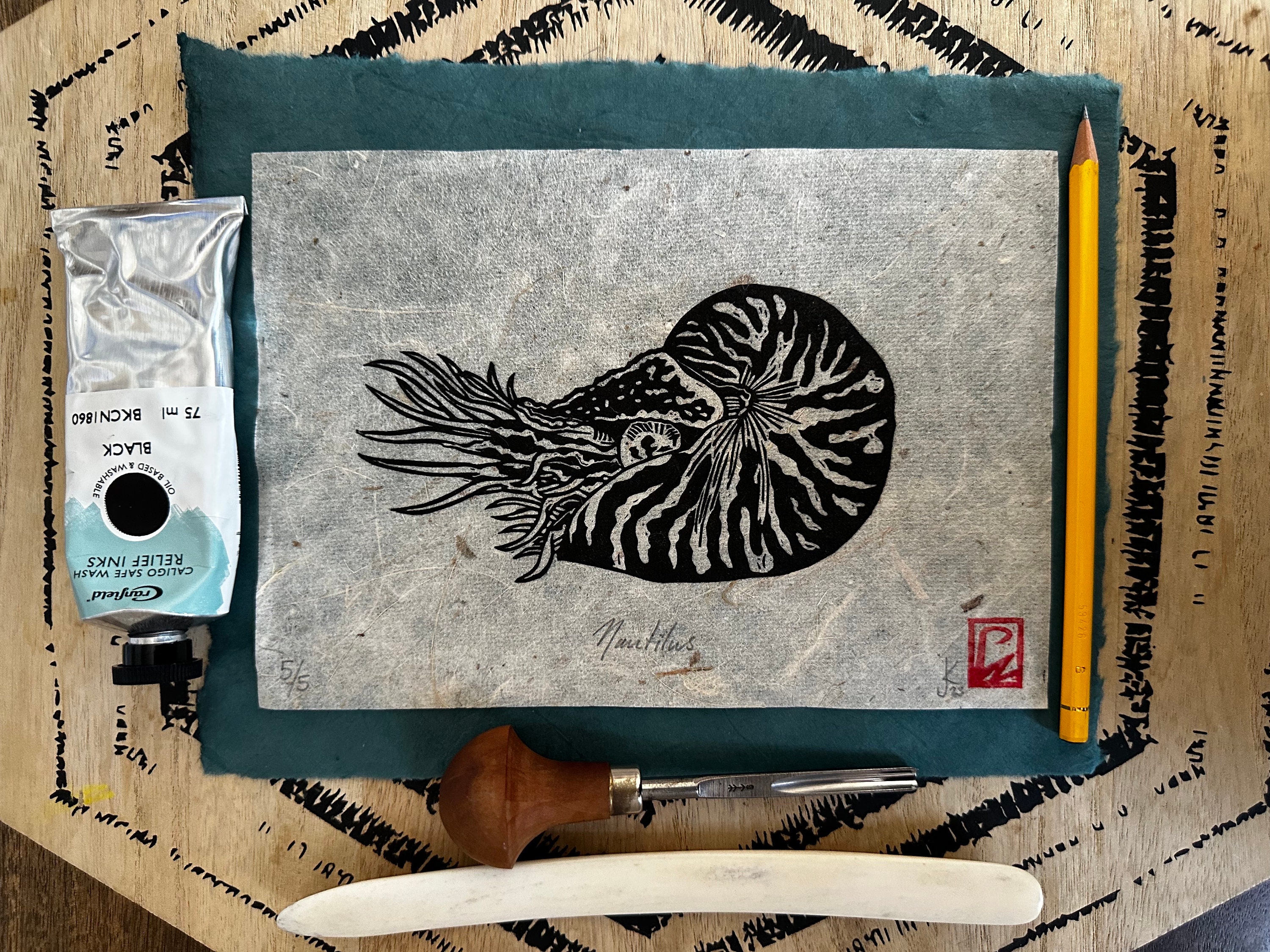 Nautilus Limited Edition Numbered Hand Drawn Hand Carved Hand Printed ...