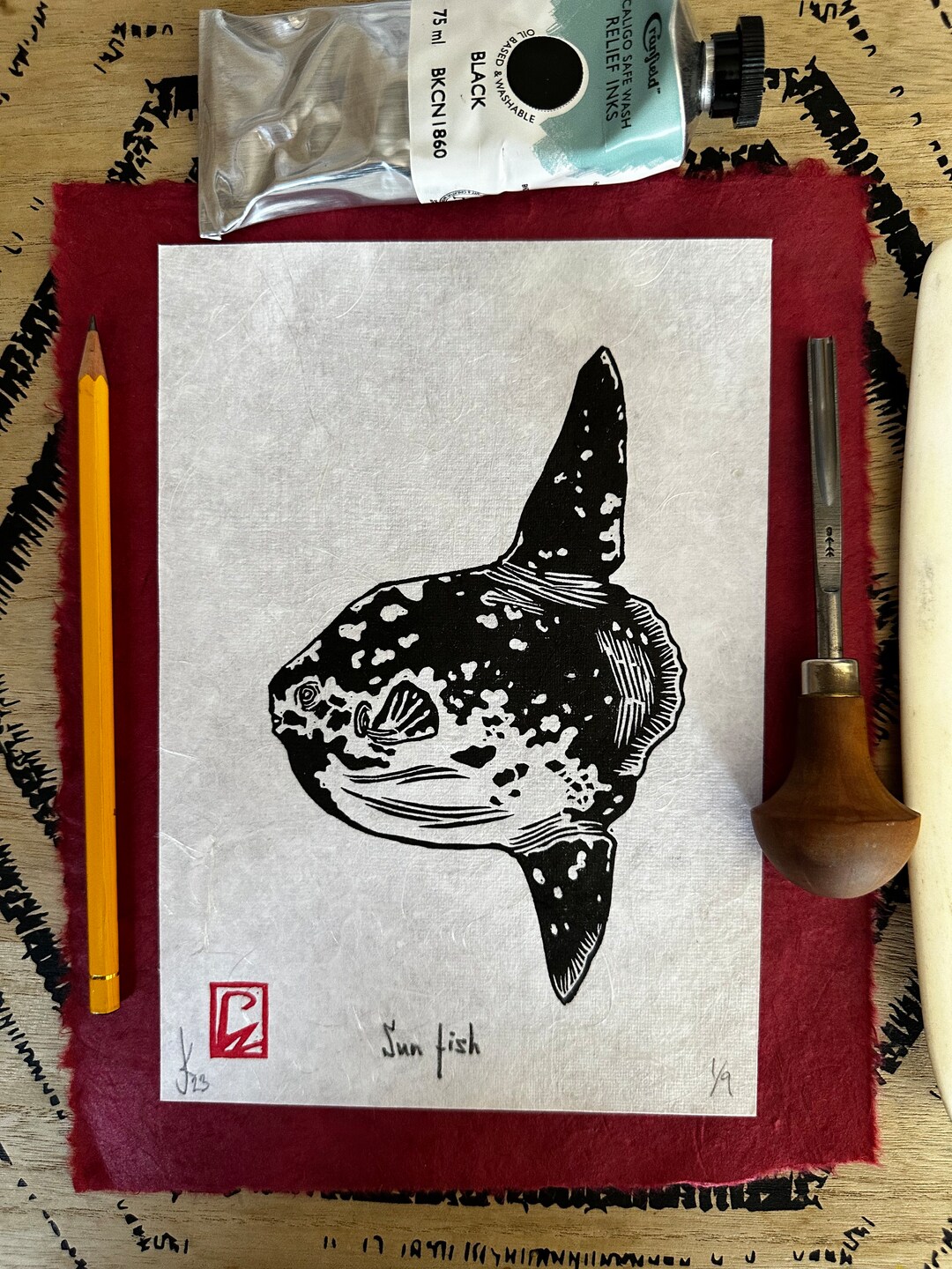 Sun Fish Lino Print, Limited Edition Hand-printed on Recycled Silk - Etsy