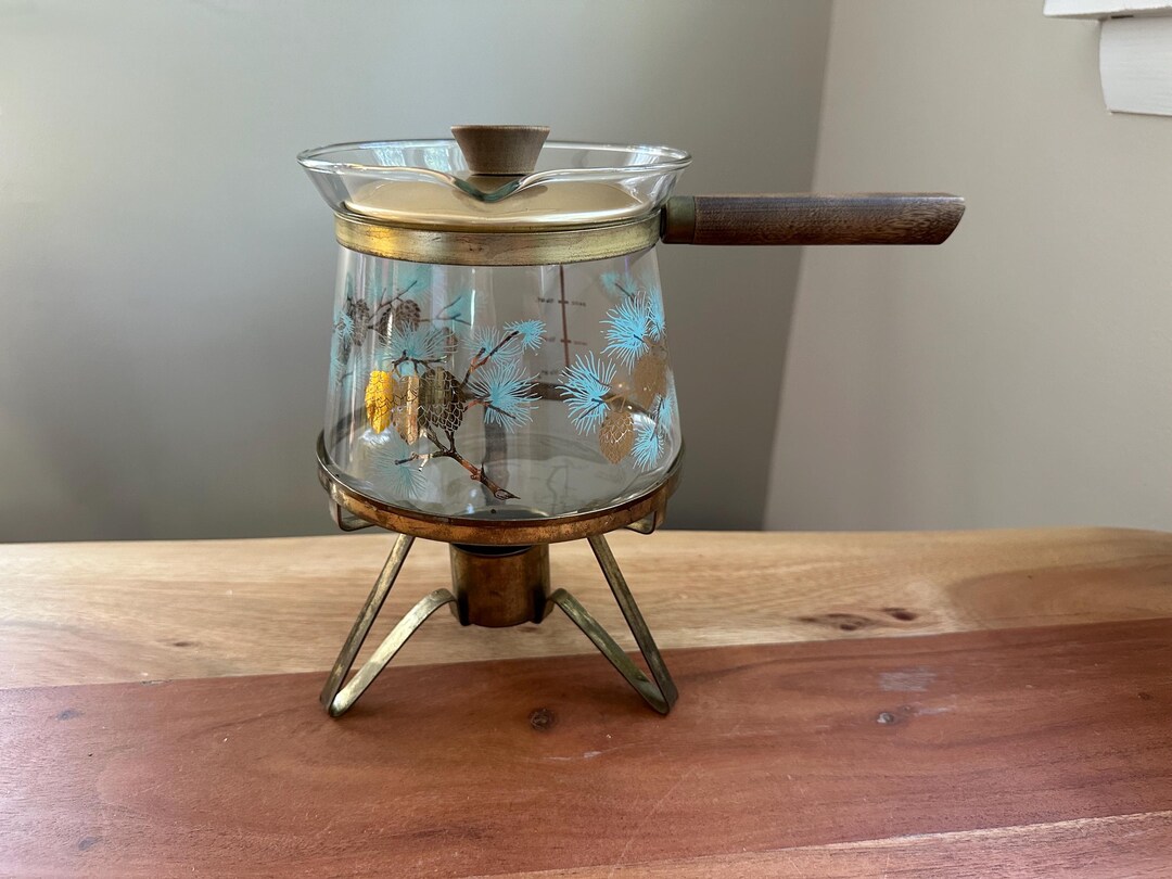 Vtg Douglas Flameproof Glass Spouted Pot Wood Handle Teal & Gold MCM ...