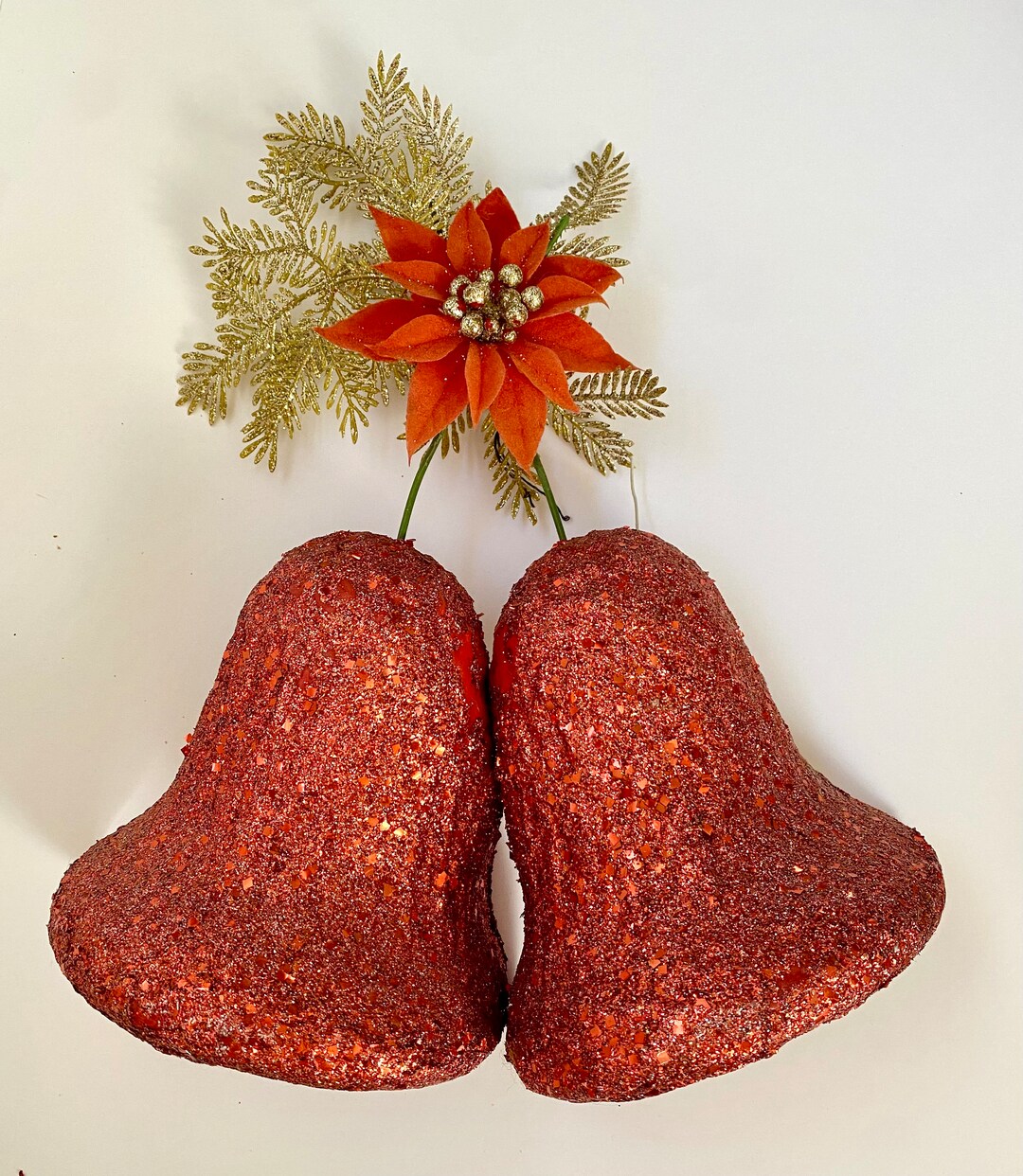 Vintage Wall Hanging Red Glitter Bells Gold Leaves Poinsettia / MCM - Etsy
