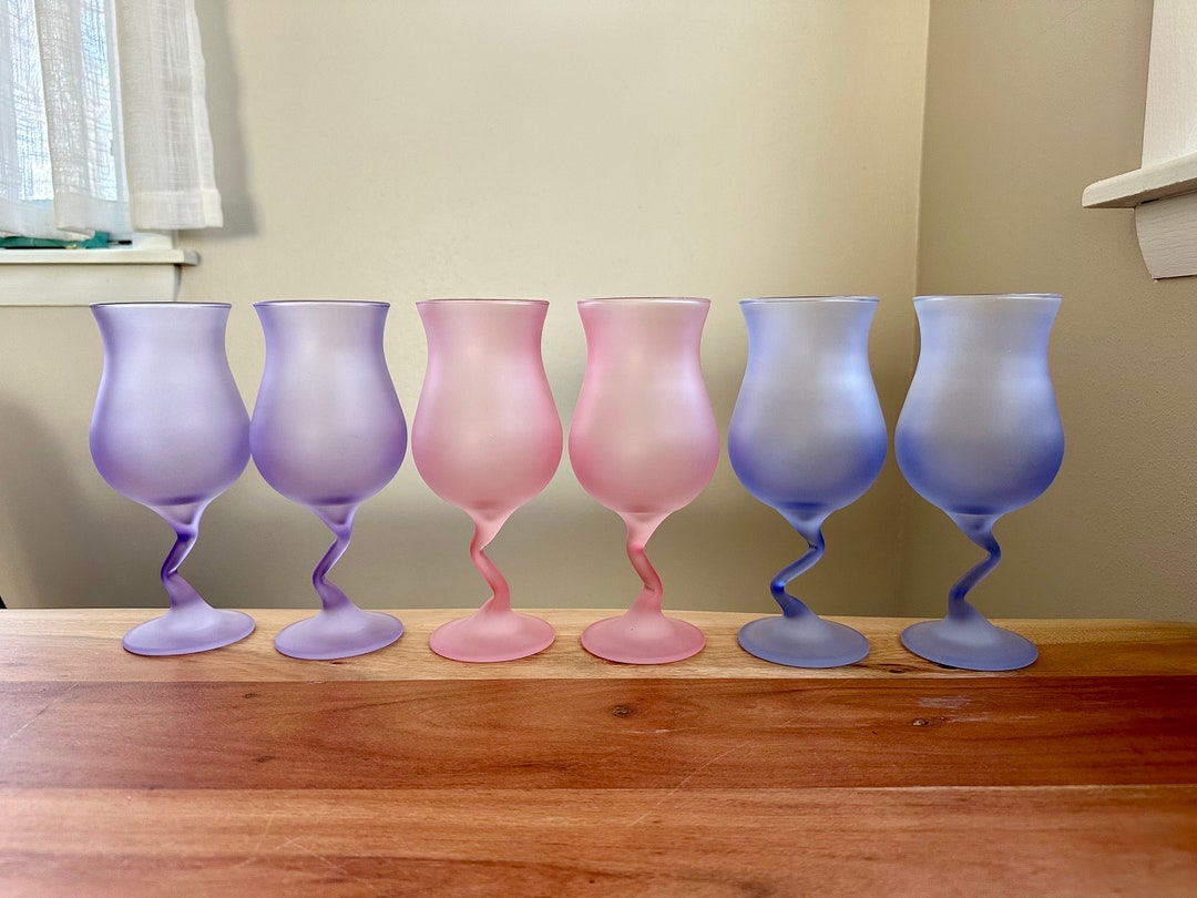 Vtg Libbey Wine Glass Zig Zag Stem Vintage Pastel Colors Purple Blue ...