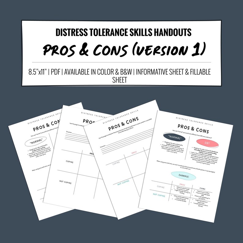 Pros & Cons Distress Tolerance Handouts - Etsy