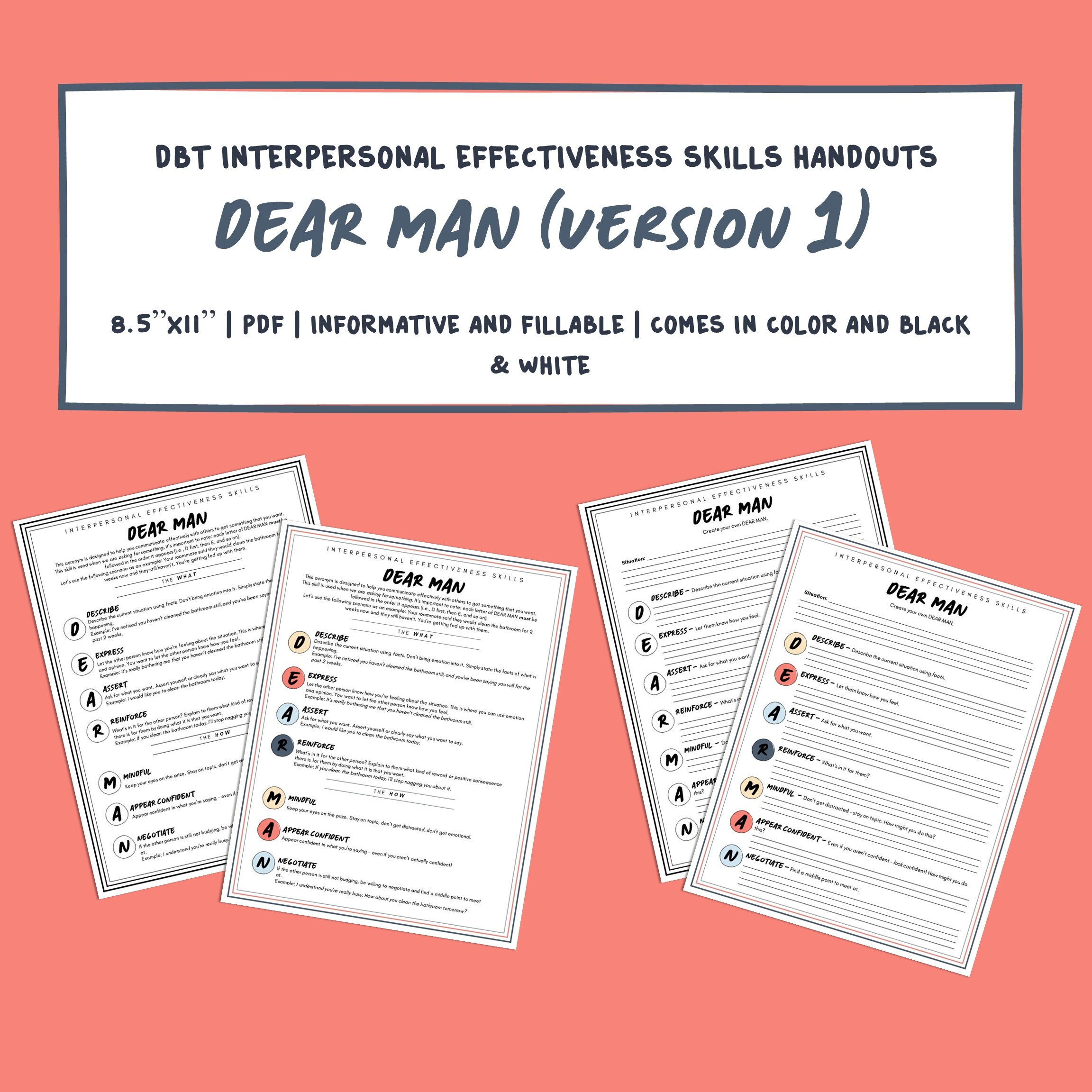 DEAR MAN DBT Interpersonal Effectiveness Skill Handouts - Etsy