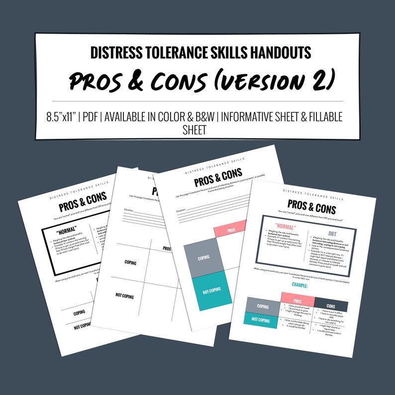Pros & Cons Distress Tolerance Handouts - Etsy