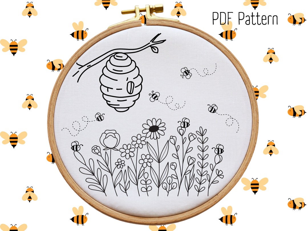 Hand Embroidery PDF Pattern, Bees and Flowers Embroidery Design ...