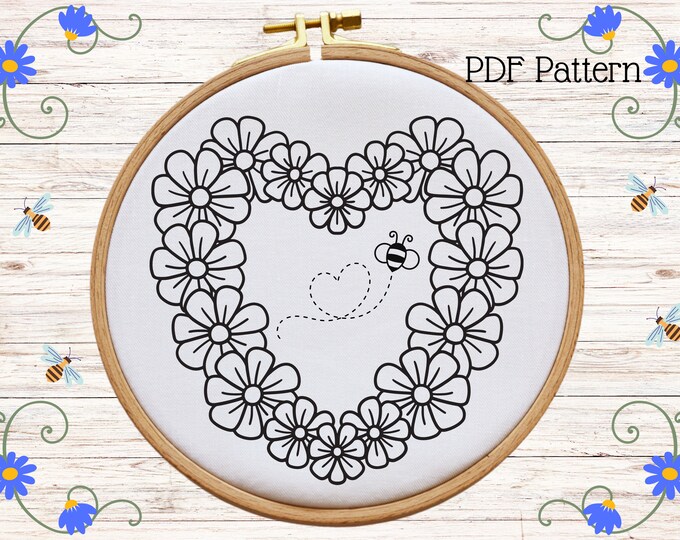 Yellow Floral Heart Wreath Hand Embroidery Pattern, Heart Shaped Wreath ...