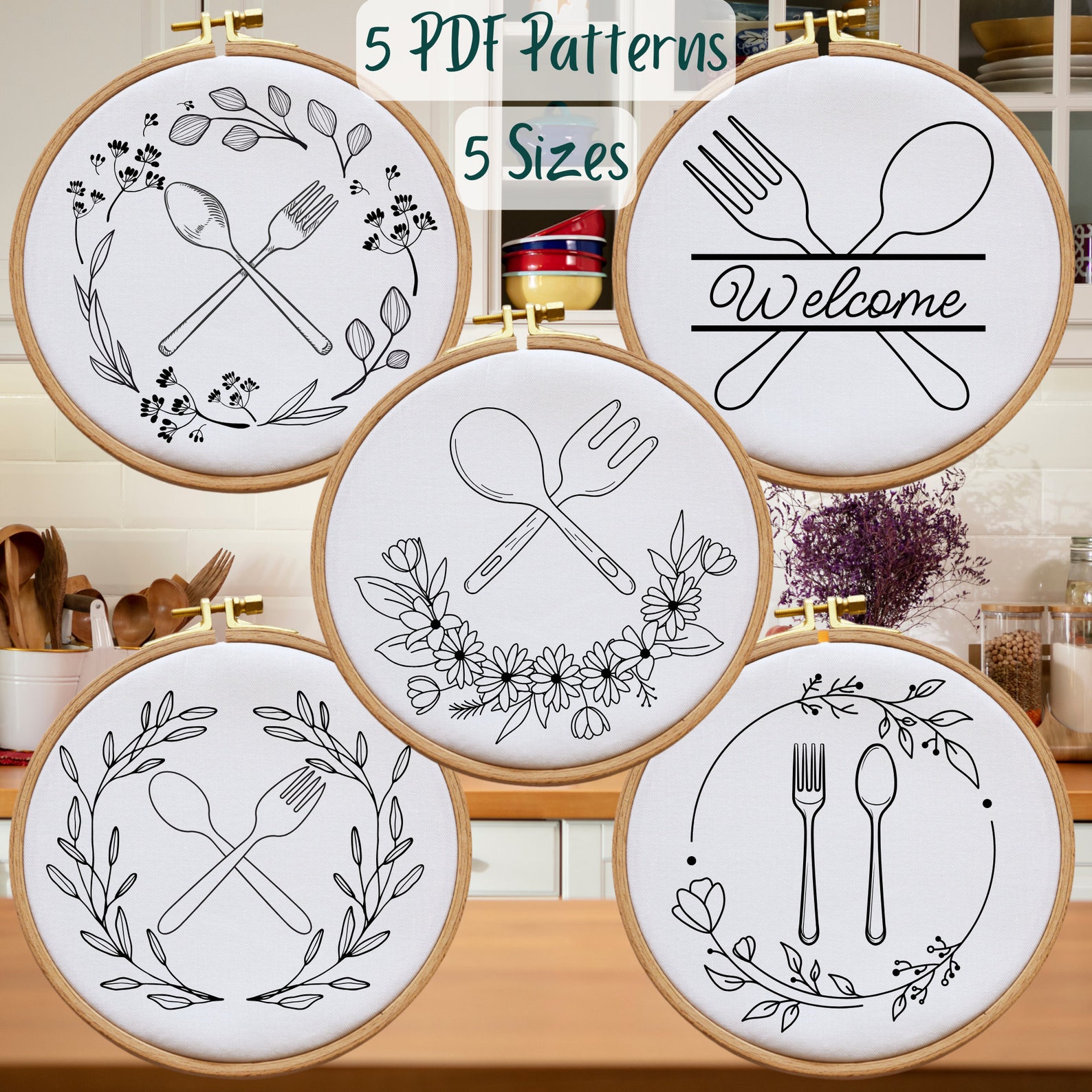 Floral Kitchen Embroidery Patterns: Fork & Spoon Designs (PDF Download ...