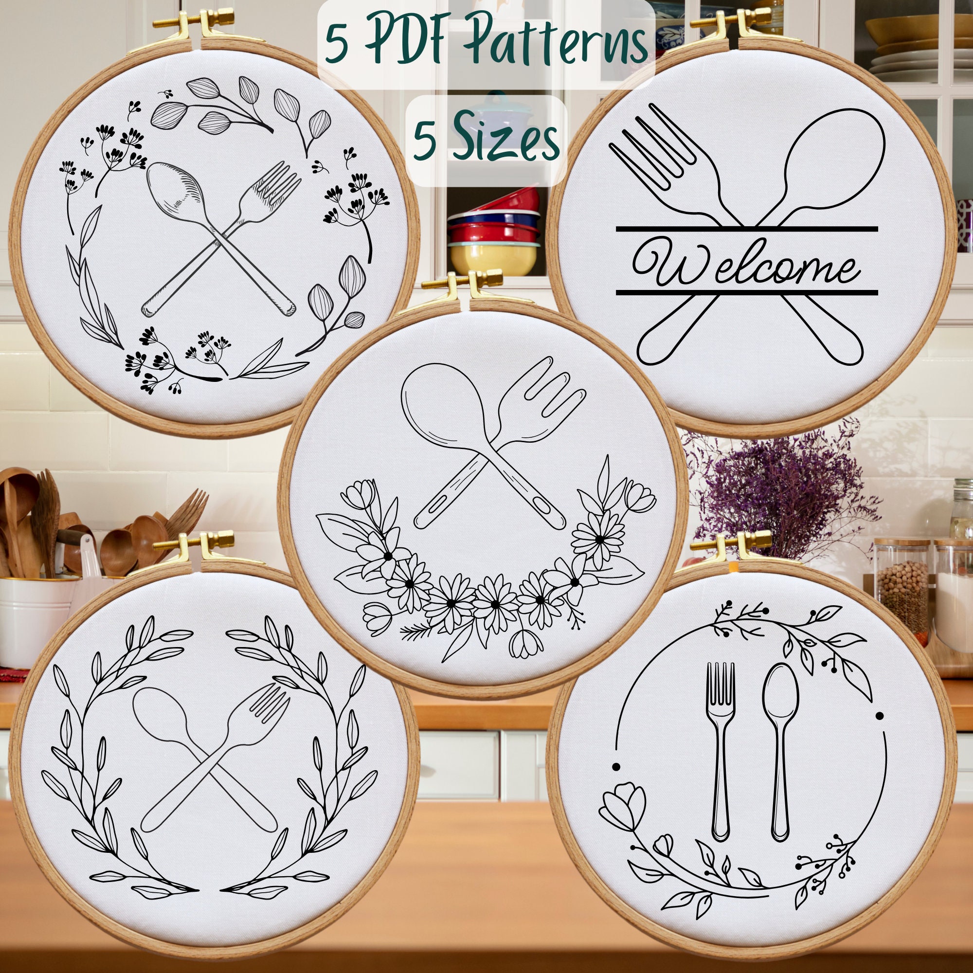 Floral Kitchen Embroidery Patterns: Fork & Spoon Designs (PDF Download ...