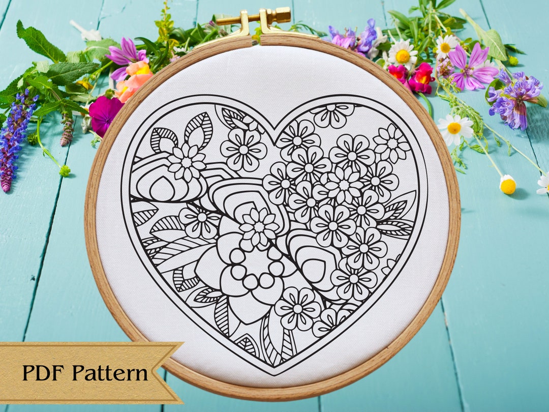 Hand Embroidery PDF Pattern, Heart of Flowers, Floral Embroidery Design ...