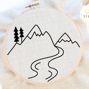 Hand Embroidery PDF Pattern, Mountain and River Pattern, Landscape ...