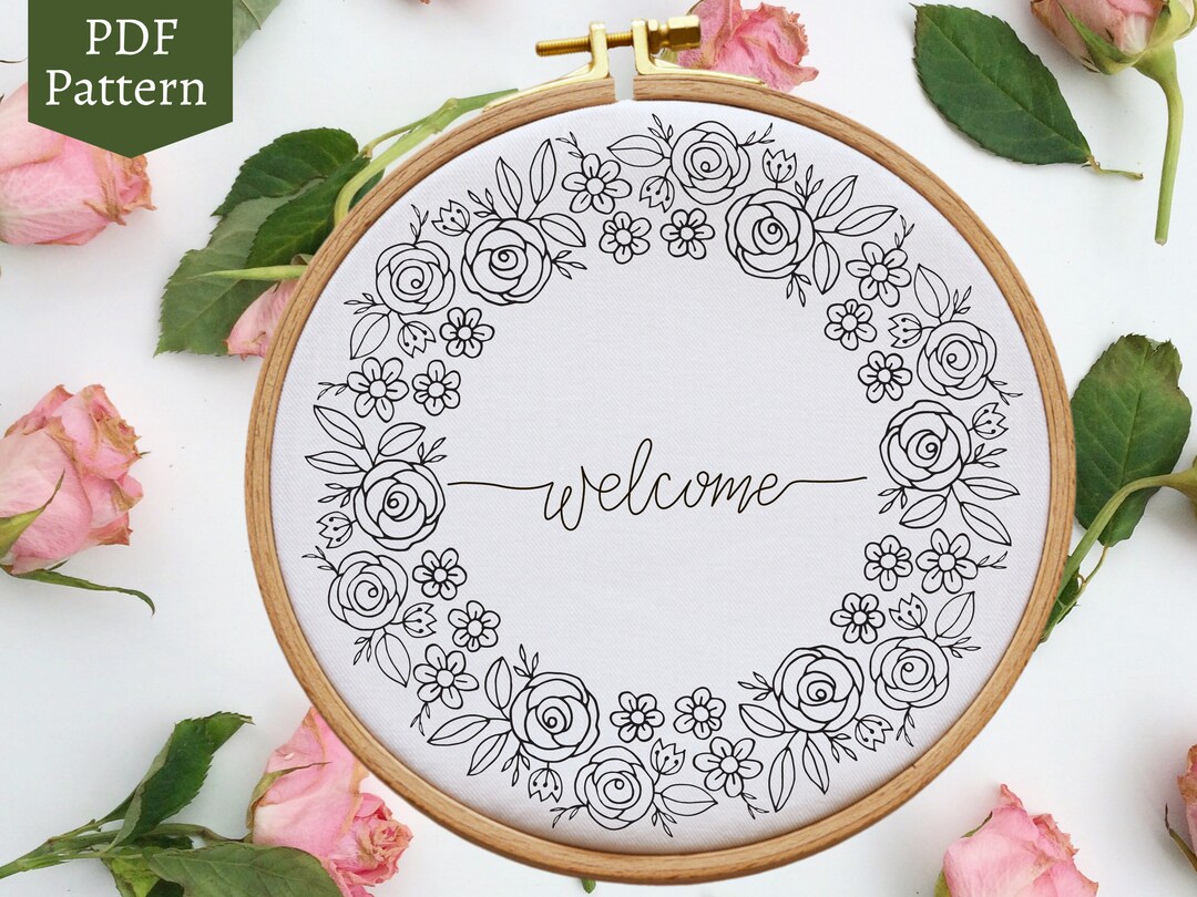 Rose Wreath Hand Embroidery Pattern, Welcome PDF Pattern Download ...