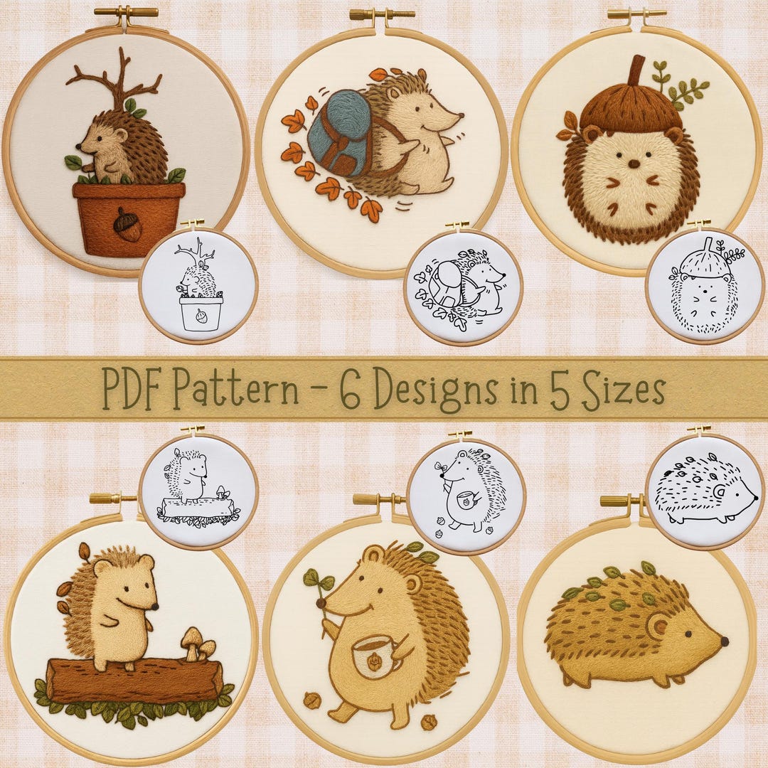 Hedgehog Hand Embroidery PDF Pattern Set - 6 Designs in 5 Hoop Sizes - Etsy