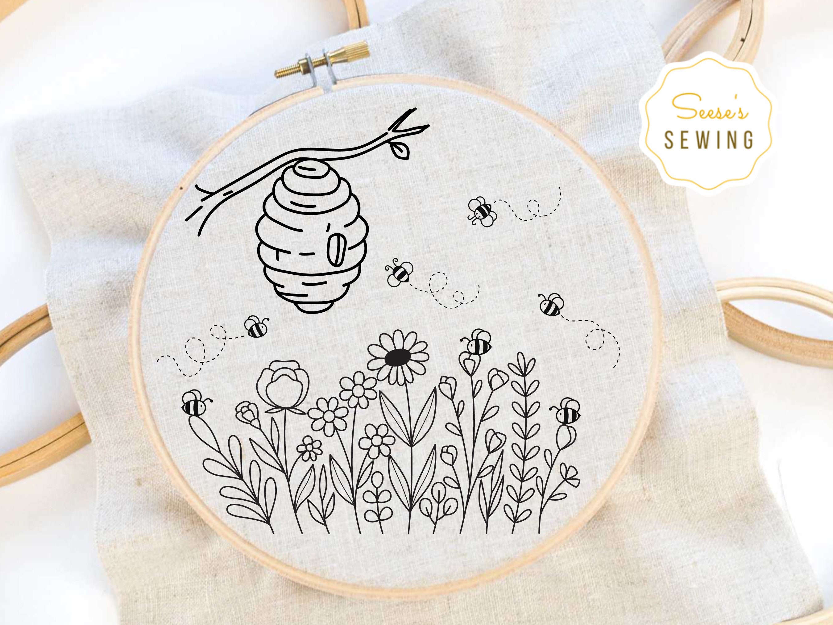 Hand Embroidery PDF Pattern, Bees and Flowers Embroidery Design ...