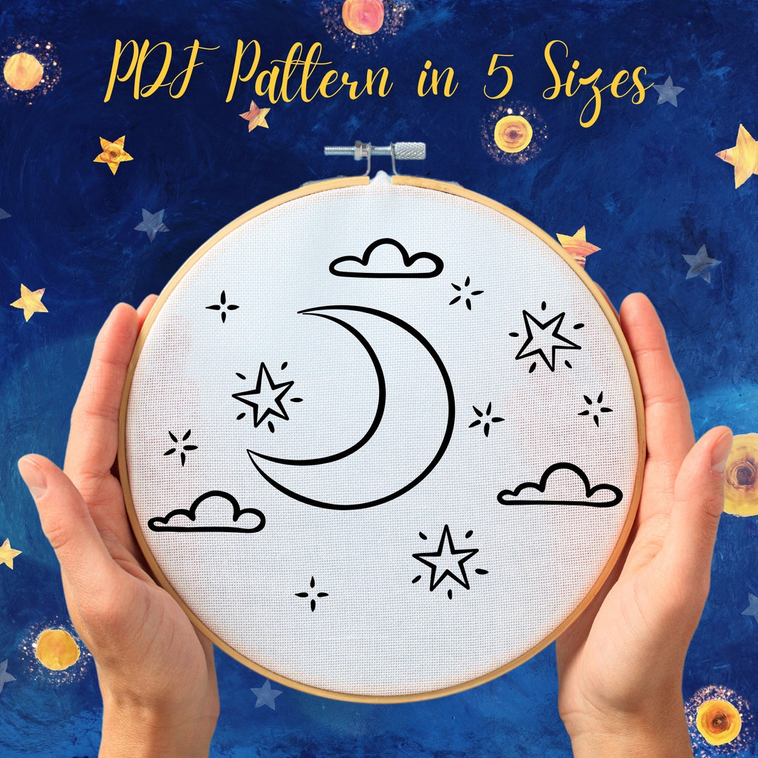 Celestial Moon and Stars Hand Embroidery Pattern in 5 Sizes - Instant ...