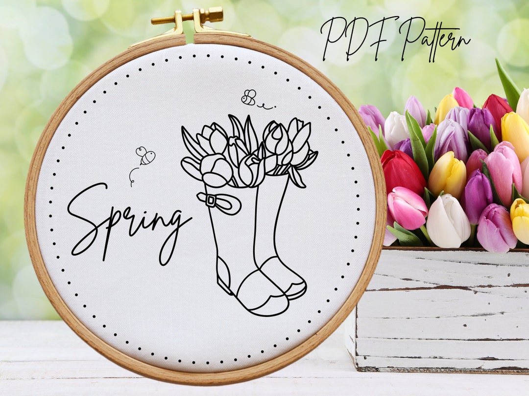 Hand Embroidery PDF Pattern, Spring, Tulips in Boots, Flower Embroidery ...