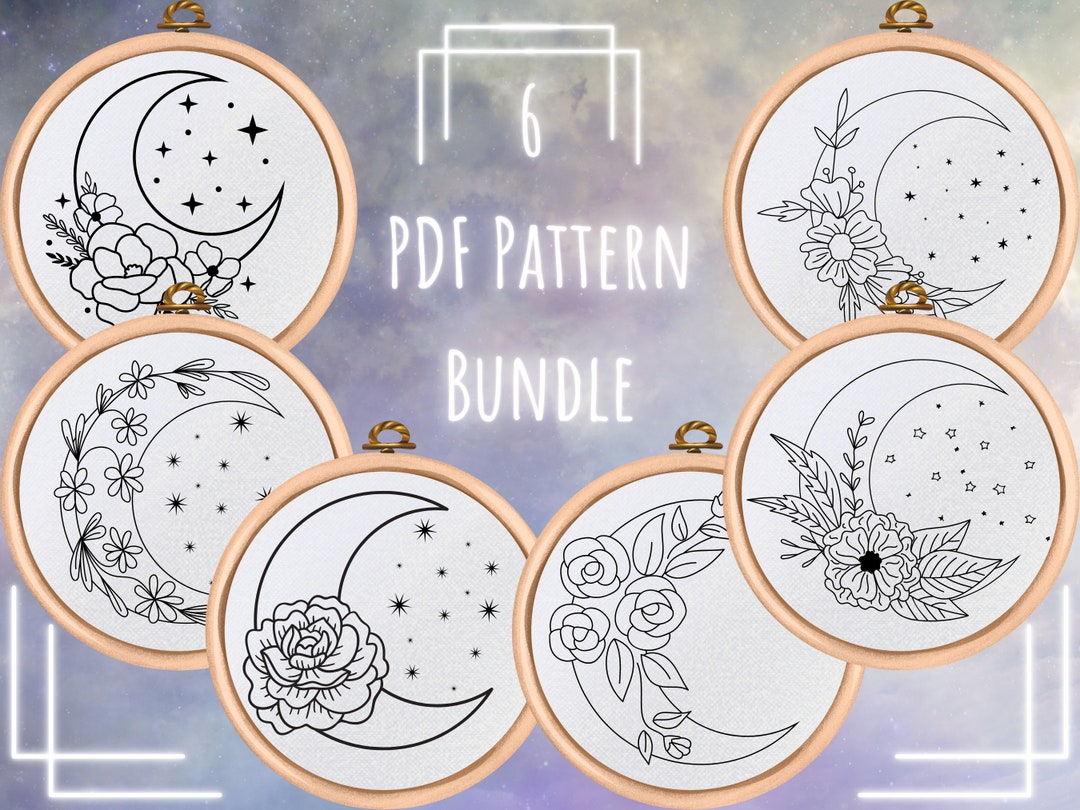 Flower Moons Hand Embroidery PDF Pattern Bundle - 6 Floral Celestial Embroidery Designs - Etsy