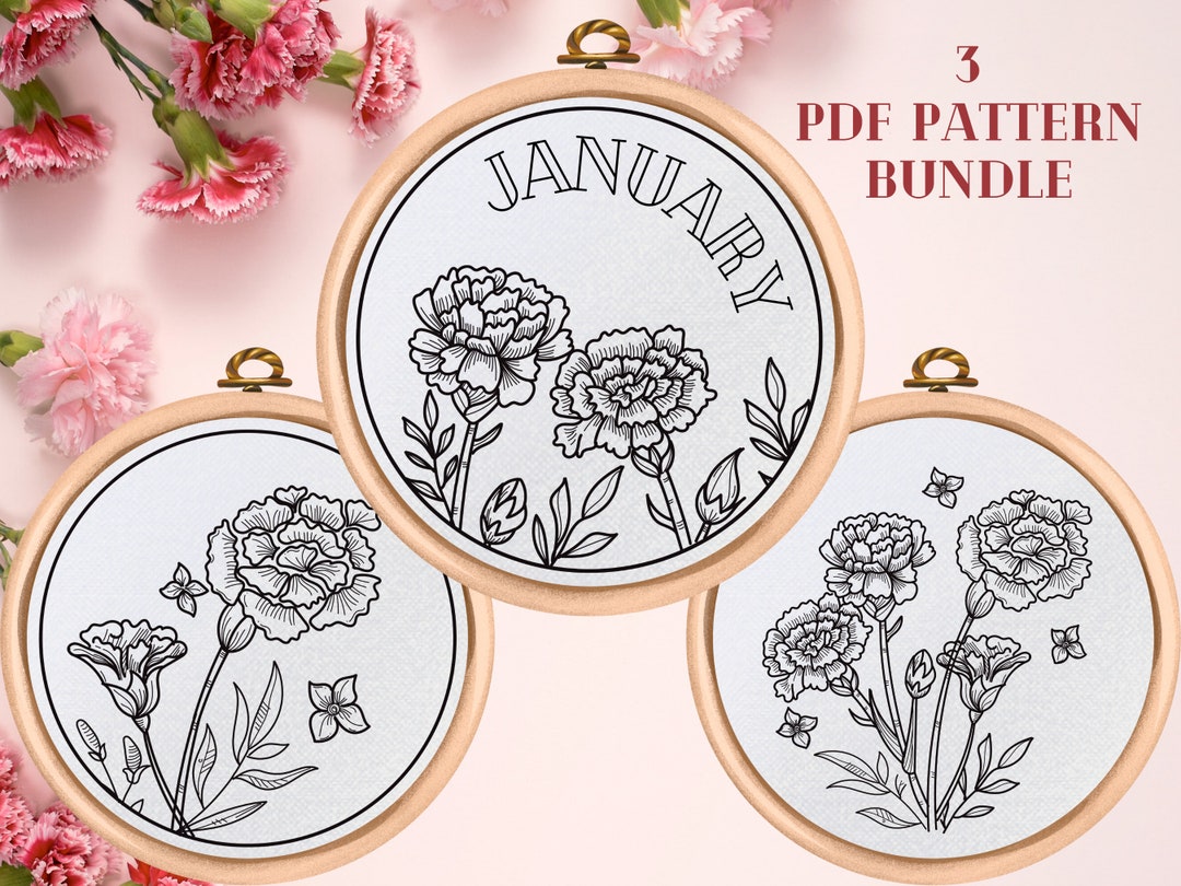 January Hand Embroidery Pattern - PDF Pattern Download - Carnations ...