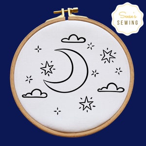 Celestial Moon and Stars Hand Embroidery Pattern in 5 Sizes - Instant ...