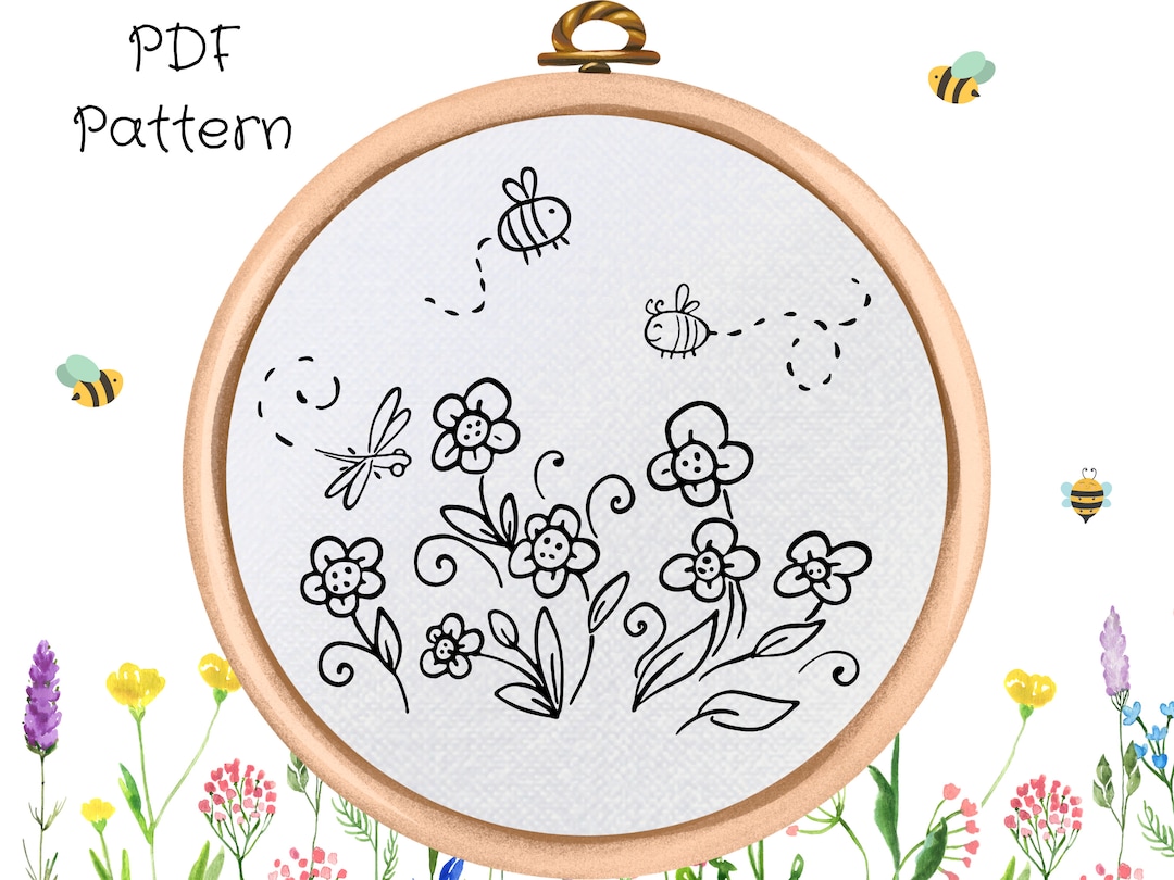 Flowers and Bees Hand Embroidery Pattern: Floral Design (PDF Pattern ...