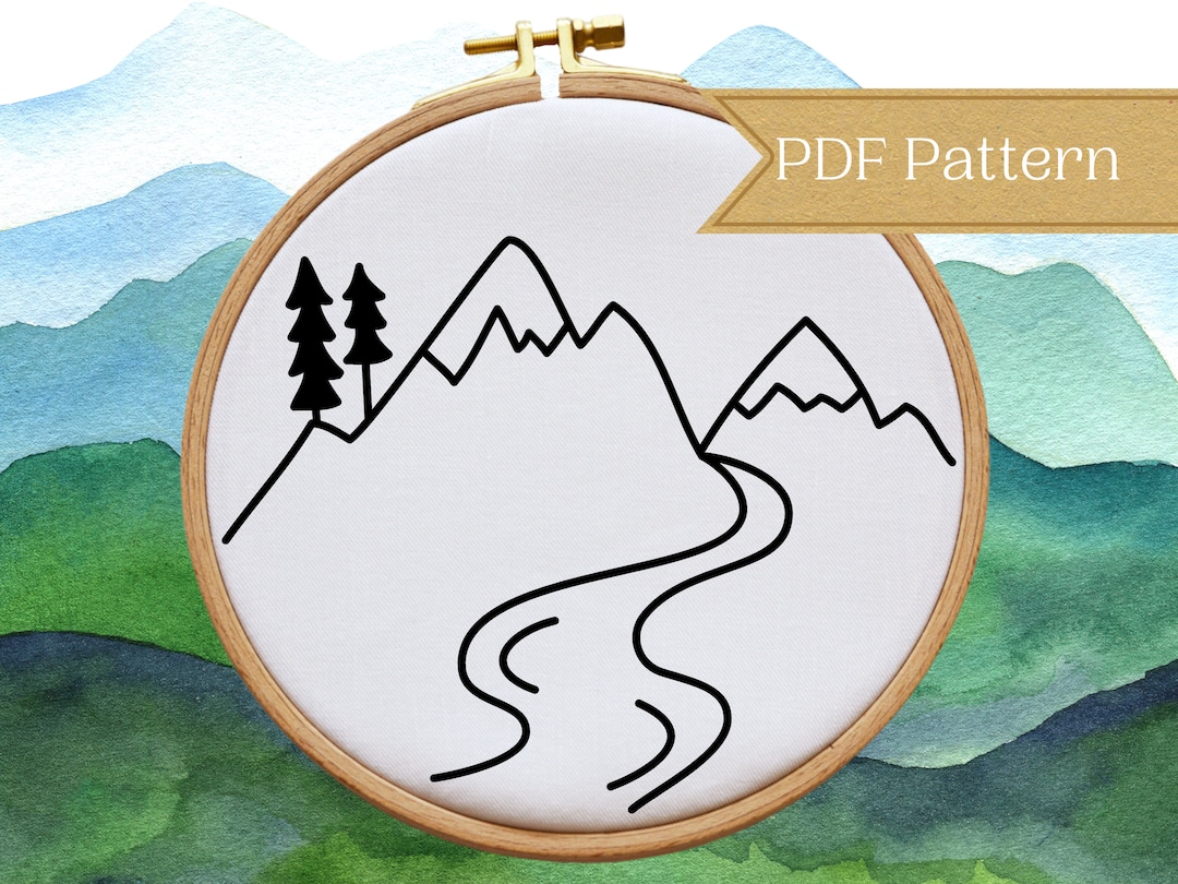 Hand Embroidery PDF Pattern, Mountain and River Pattern, Landscape ...