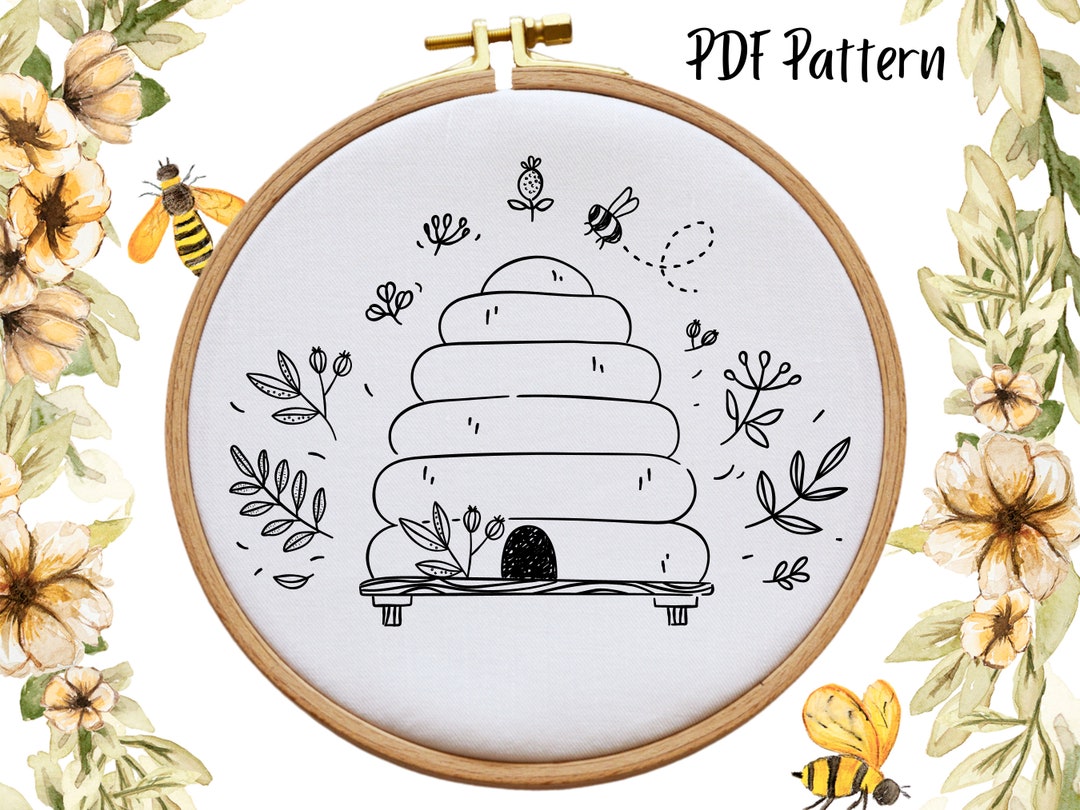 Hand Embroidery PDF Pattern, Beehive, Bees, Flowers - Etsy