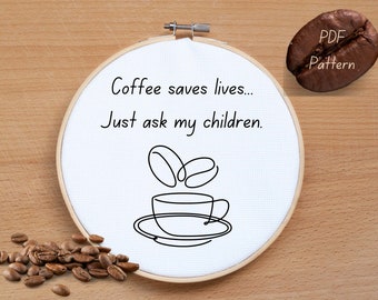 Coffee Lovers Hand Embroidery Pattern, Coffee Bean Design Easy Download ...