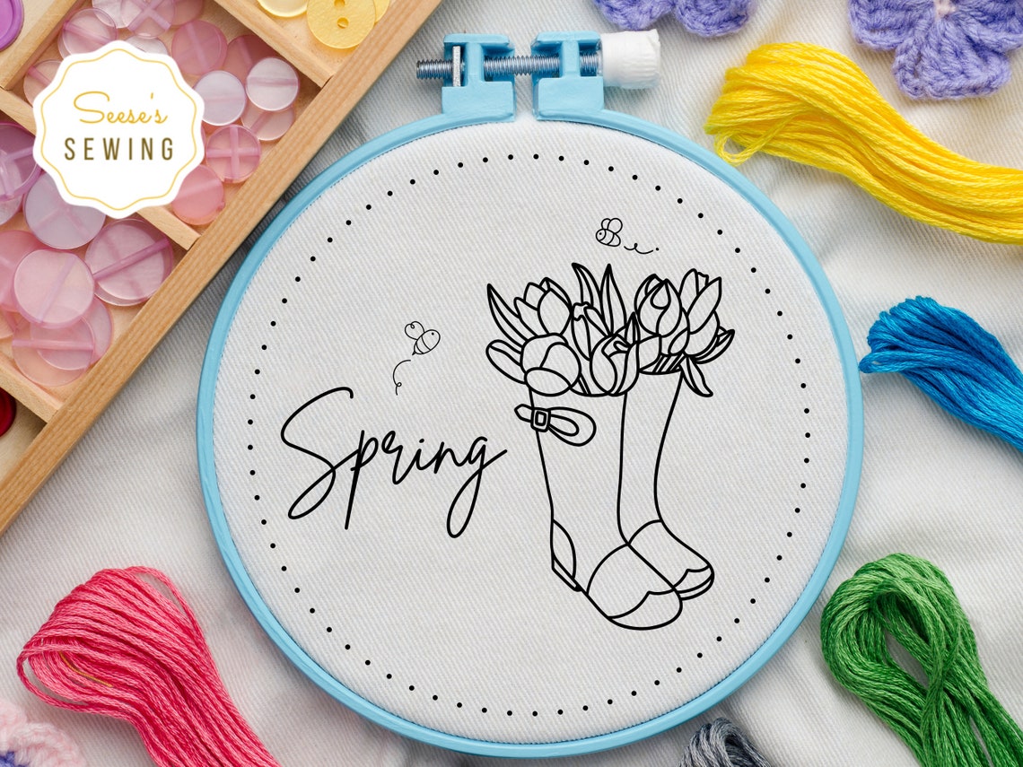 Hand Embroidery PDF Pattern, Spring, Tulips in Boots, Flower Embroidery ...
