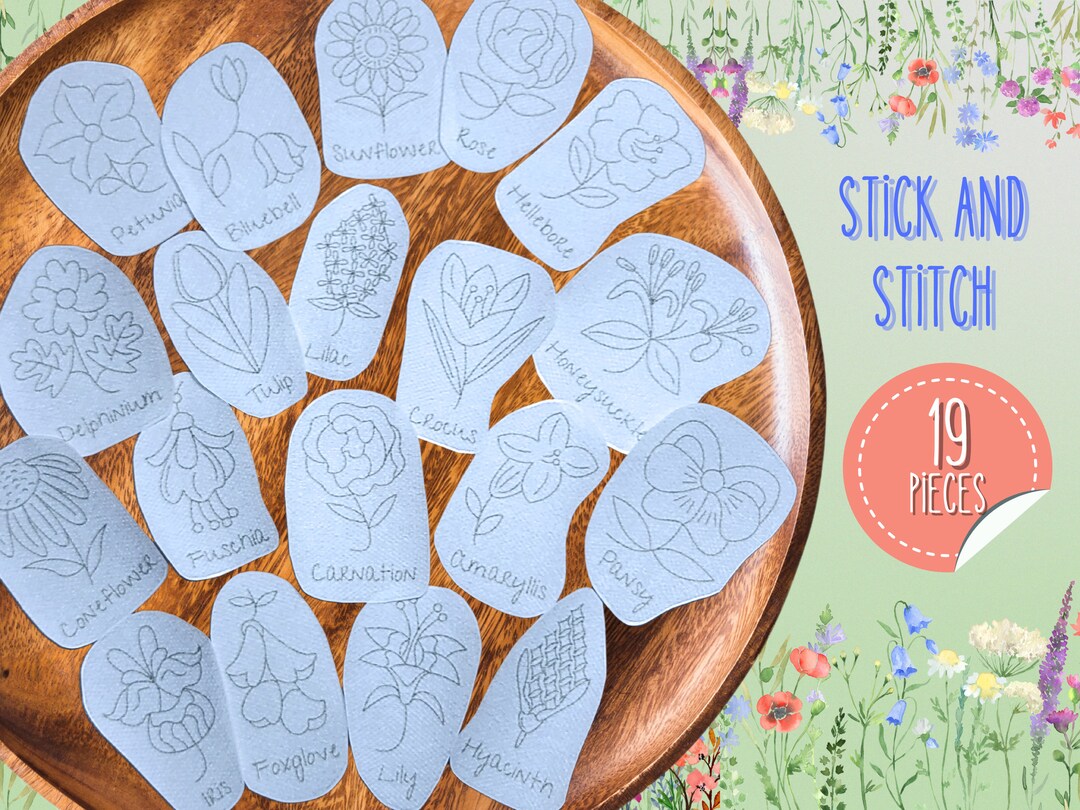 Floral Stick and Stitch Kit, Hand Embroidery Pattern Pack, Set of 19 ...
