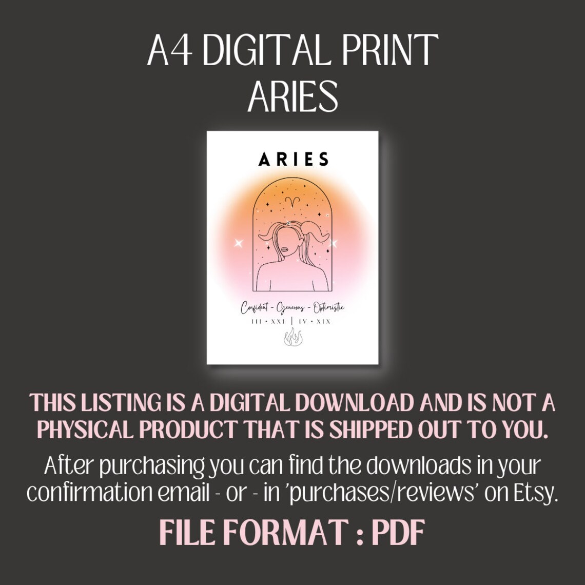 A4 Digital Download Aries Zodiac Print With Date Range, Element ...