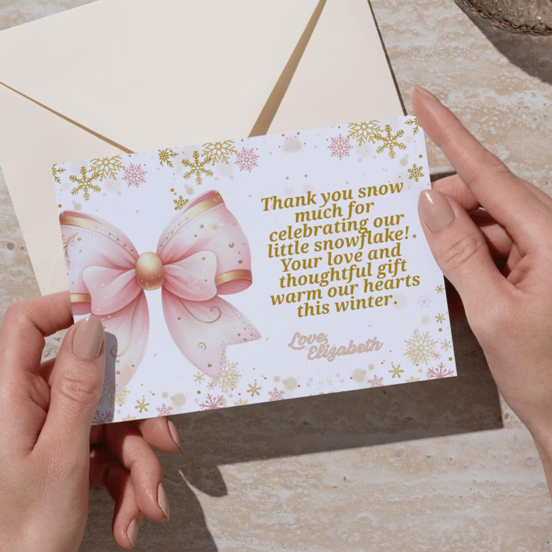 Winter Baby Shower Thank You Cards, Pink Gold Snowflakes (editable ...