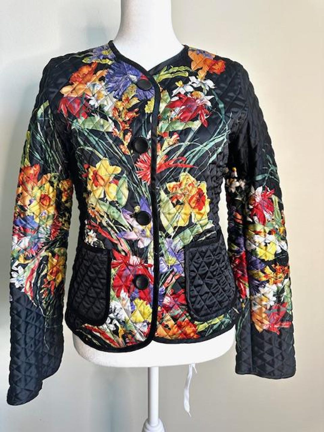 Black Matte Satin Floral Quilted Jacket Size Small Made in Italy ...