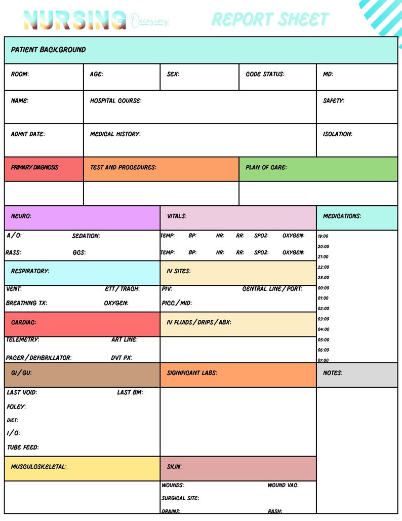 Nurse Report Sheet Day and Night Nursing Report Sheet Rounding Sheet - Etsy