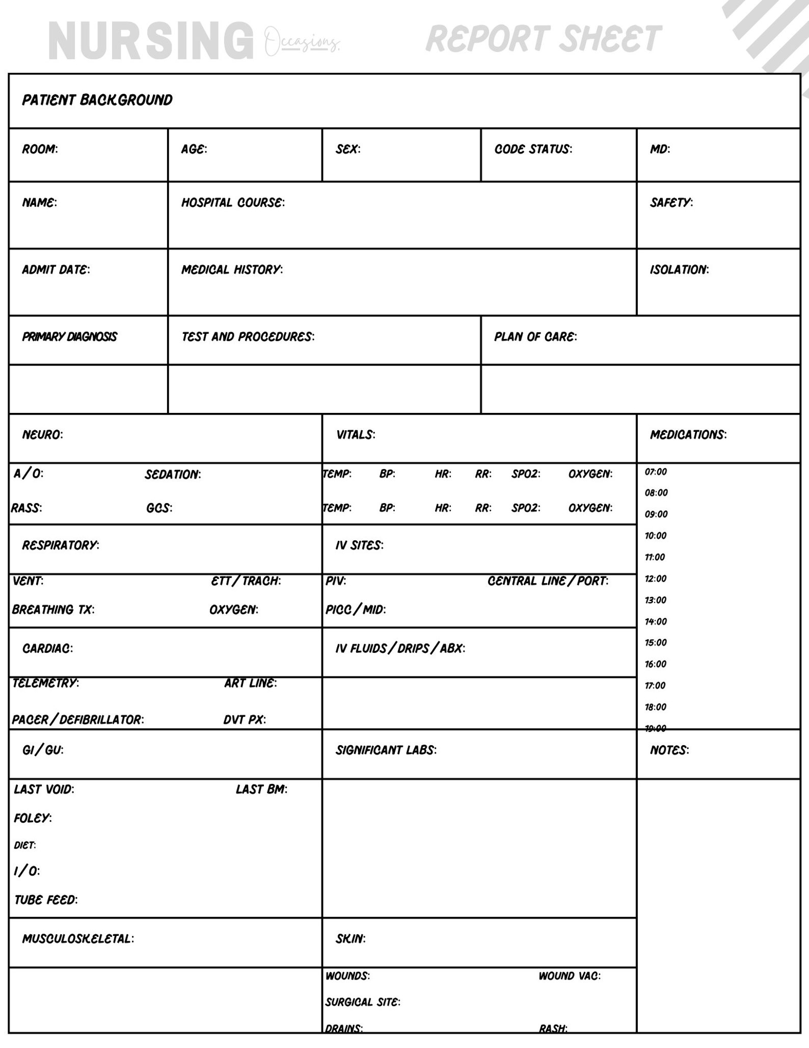 Nurse Report Sheet Day and Night Nursing Report Sheet Rounding Sheet - Etsy