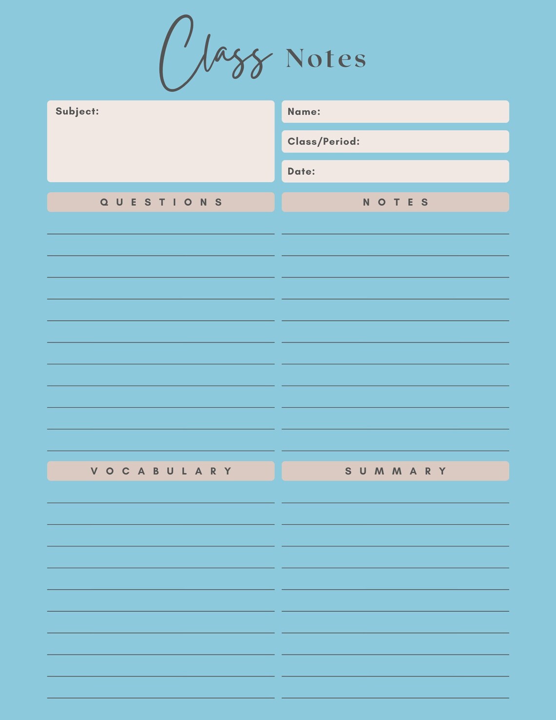 Blank Class Notes Template | College Notes Template | Nursing School ...