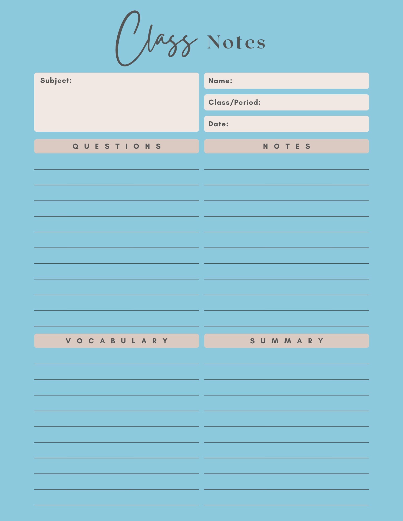 Blank Class Notes Template | College Notes Template | Nursing School ...