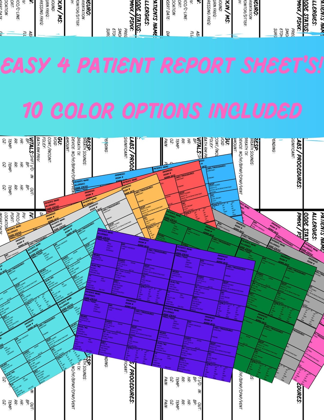 Nursing Report Sheets | 4 Patient Report Sheet | Multi Colored Report ...