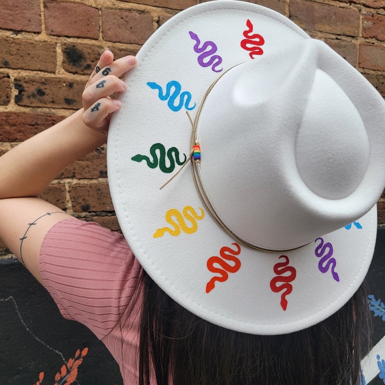 Hand Painted Wide Brim Hat, Boho Western Style, Pride Festival Rainbow ...