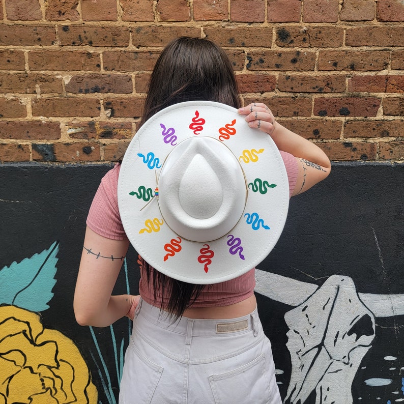 Hand Painted Wide Brim Hat, Boho Western Style, Pride Festival Rainbow ...