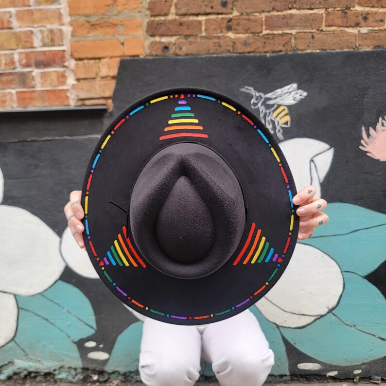 Hand Painted Wide Brim Hat, Boho Western Style, Pride Festival Rainbow ...