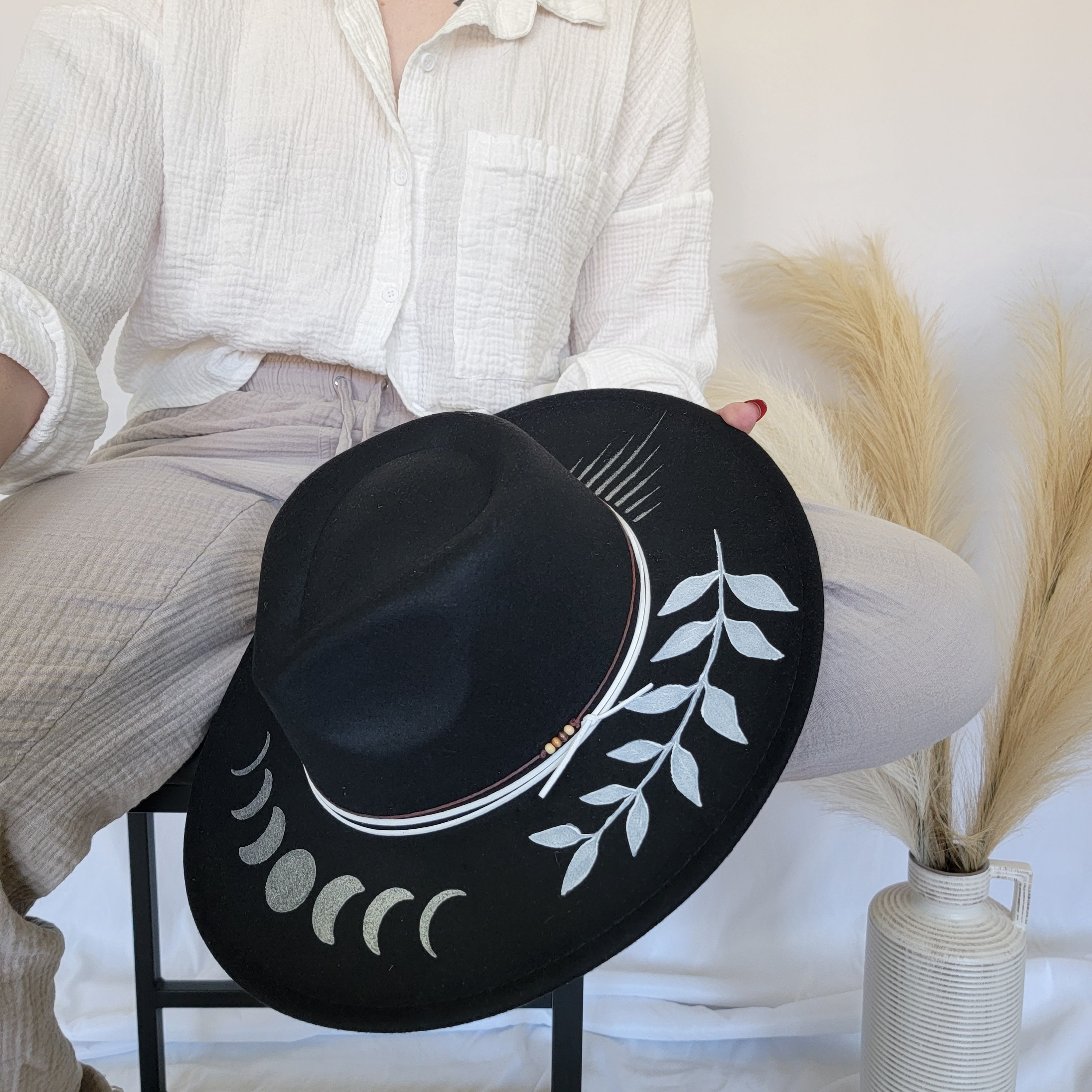 Hand Painted Wide Brim Hat, Boho Western Style, Moon Phases Gift for ...