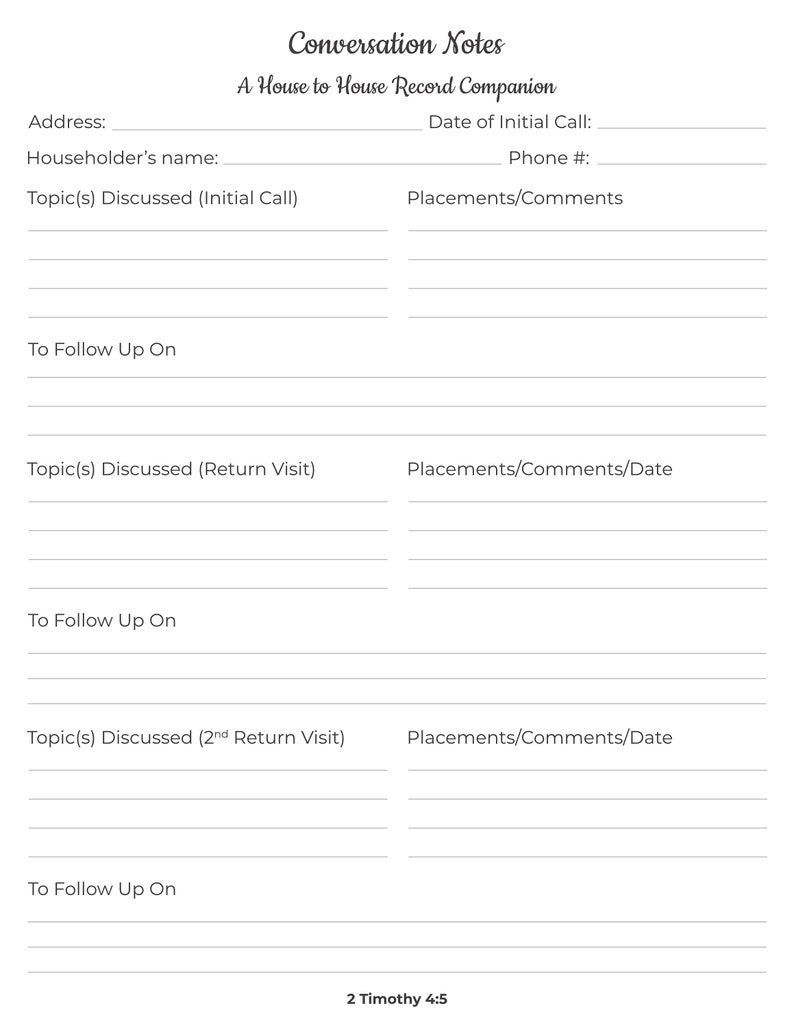 JW Stationery | House to House Record and Notes | Printable | Instant ...