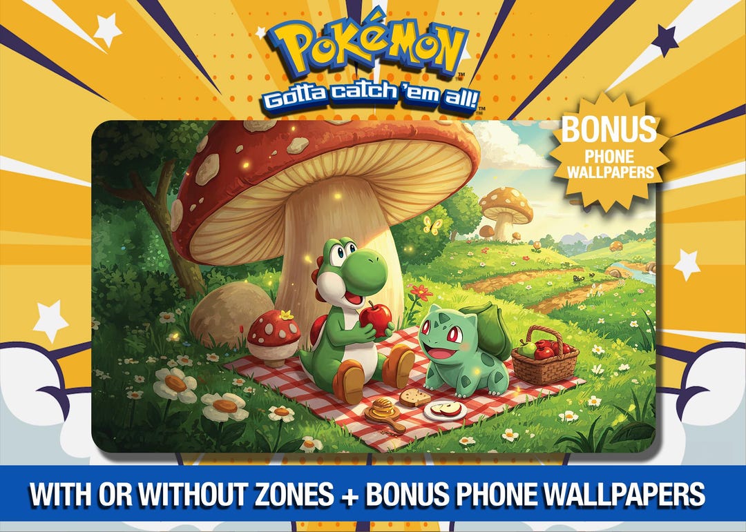Yoshi and Bulbasaur Playmat: Mushroom Meadow Picnic - TCG Mousepad - Etsy
