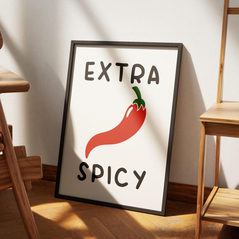 Trendy Retro Chilli Pepper Poster Print, Extra Spicy Kitchen Wall Art ...