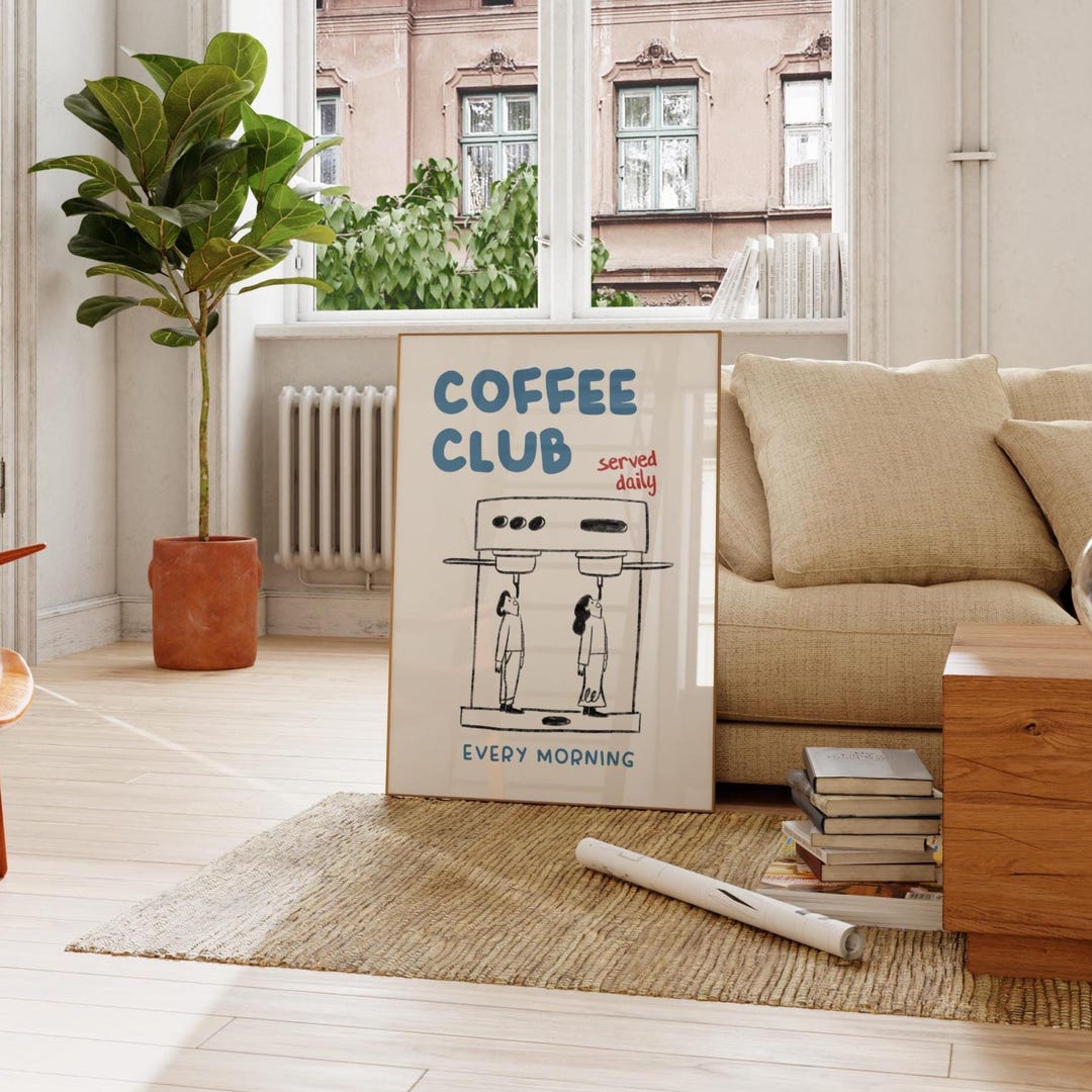 Retro Coffee Club Print: Espresso Machine Doodle, Funny Kitchen Art ...