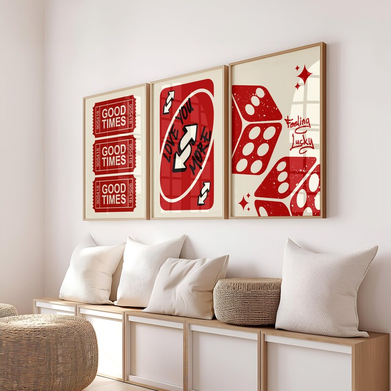 Red Trendy Wall Art Set of 6 Ace of Hearts Poster Printable, Lucky You ...
