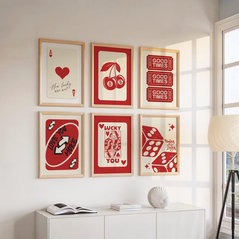 Red Trendy Wall Art Set of 6 Ace of Hearts Poster Printable, Lucky You ...