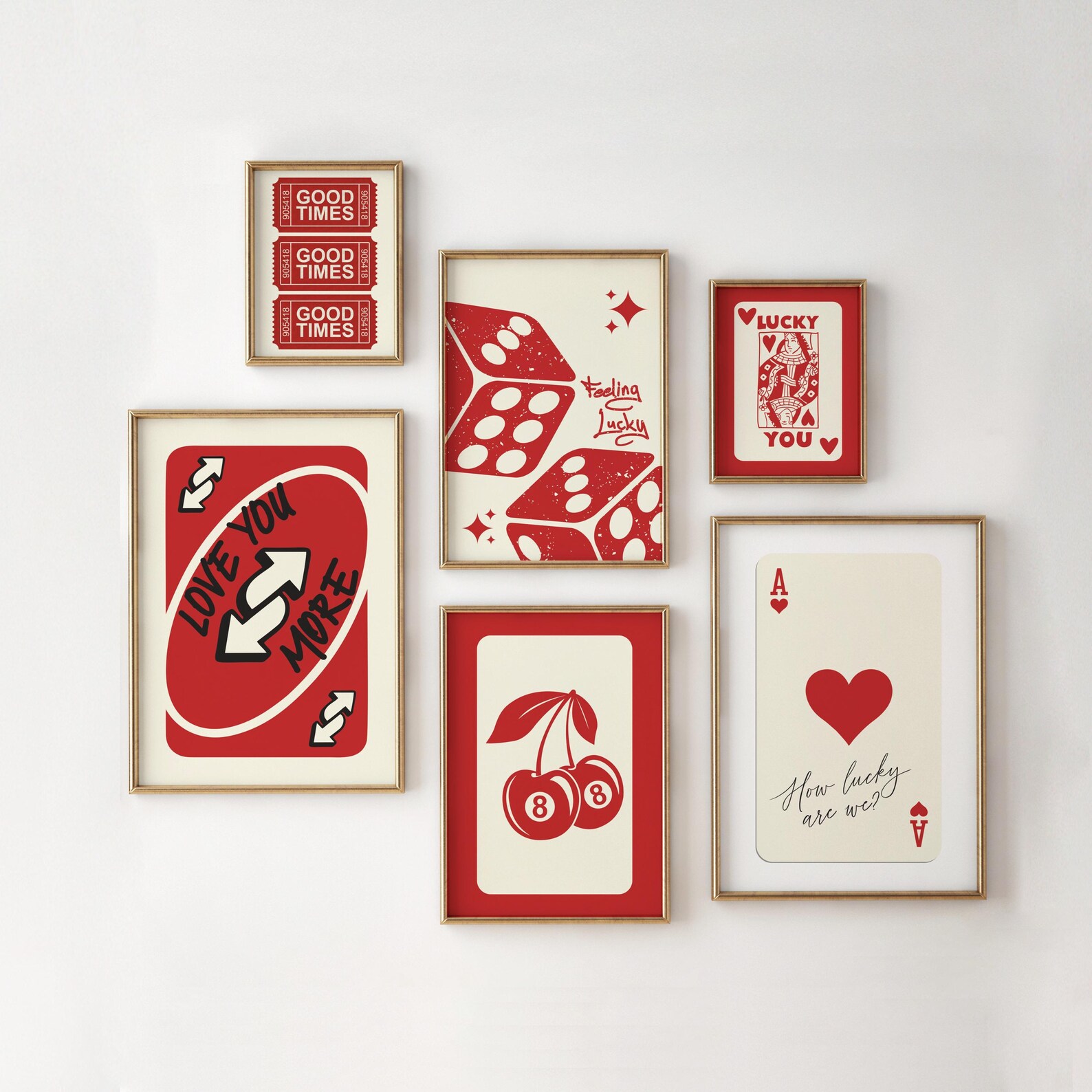 Red Trendy Wall Art Set of 6 Ace of Hearts Poster Printable, Lucky You ...